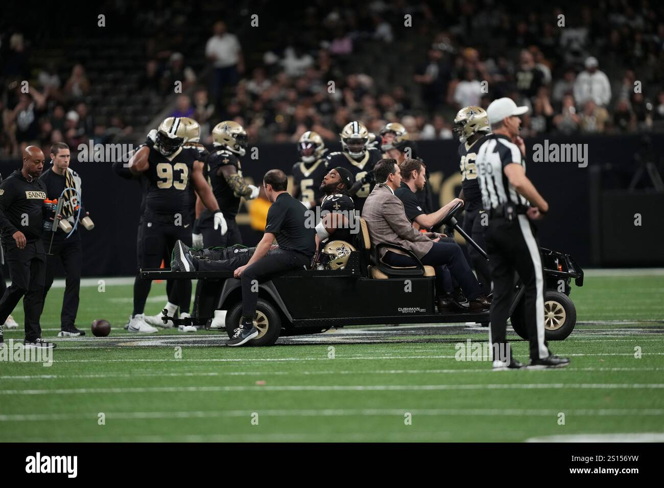 New Orleans Saints linebacker Jaylan Ford (53) is carted off the field ...