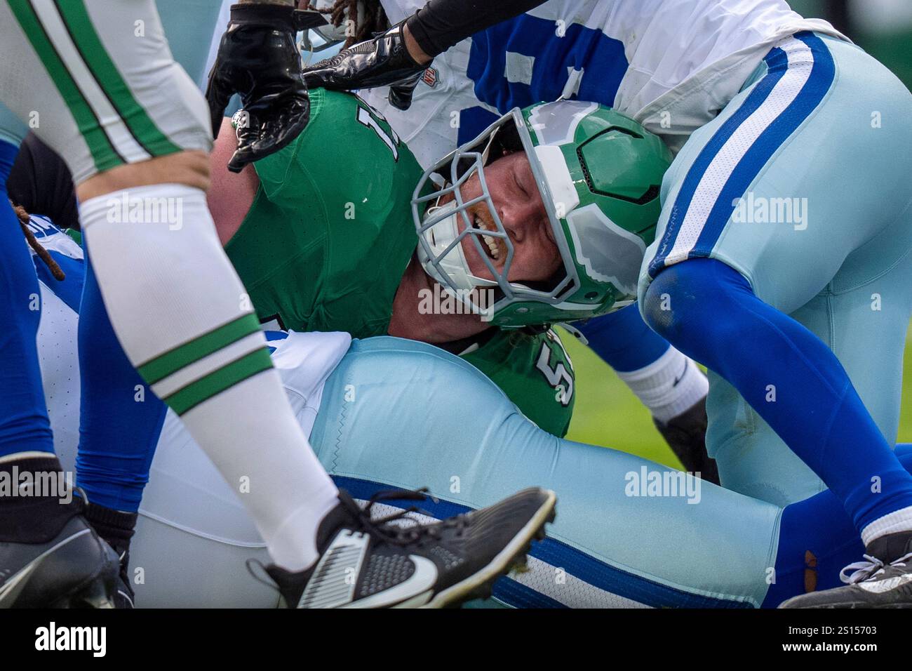 Philadelphia Eagle center Cam Jurgens (51) looks on after running the ...