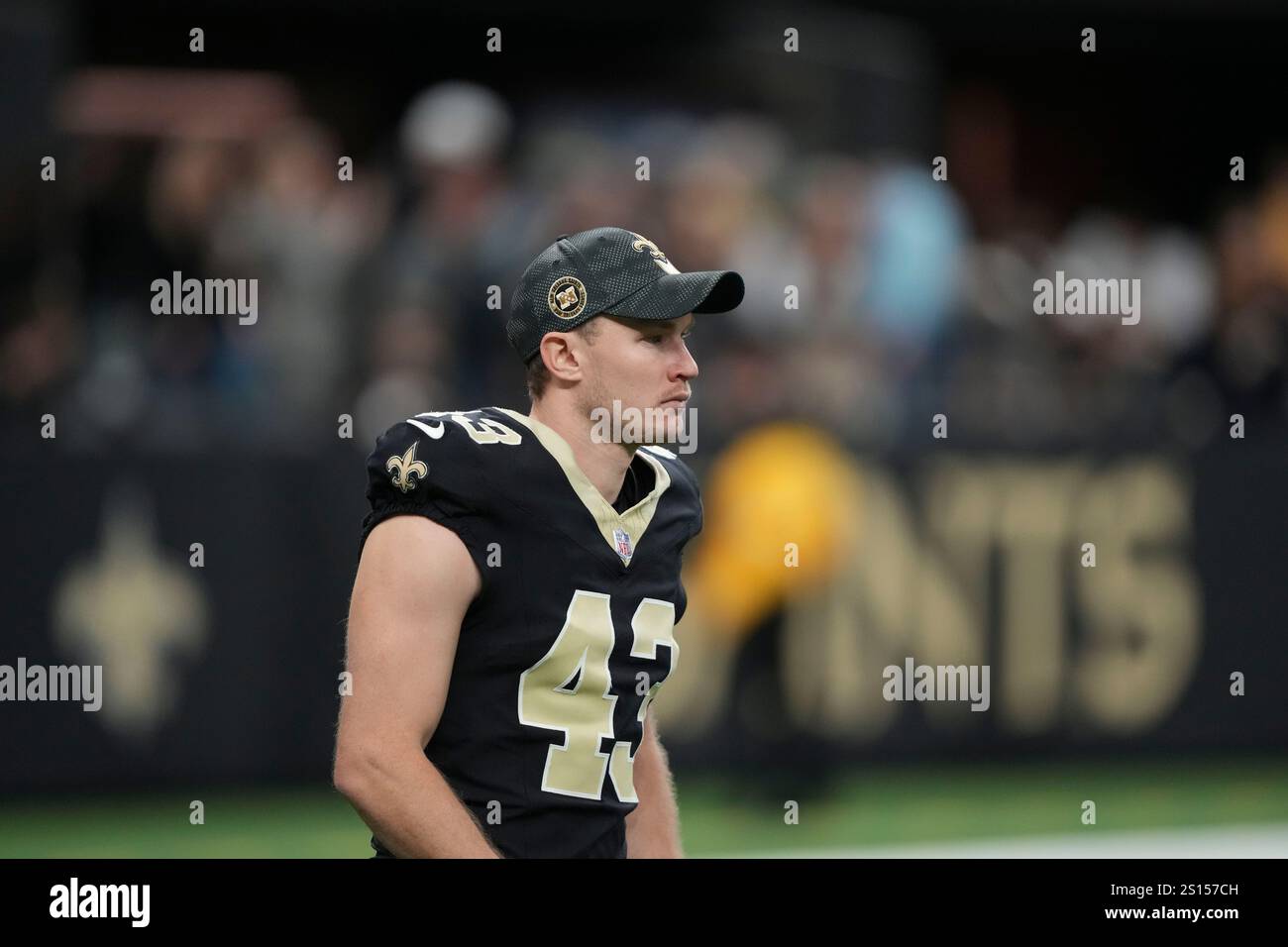 New Orleans Saints punter Matthew Hayball (43) warms up before an NFL ...