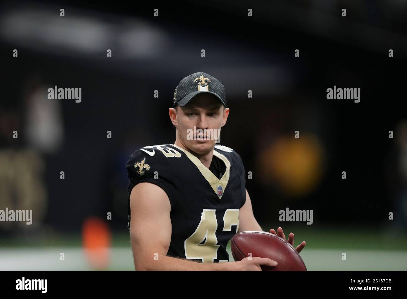 New Orleans Saints punter Matthew Hayball (43) warms up before an NFL ...