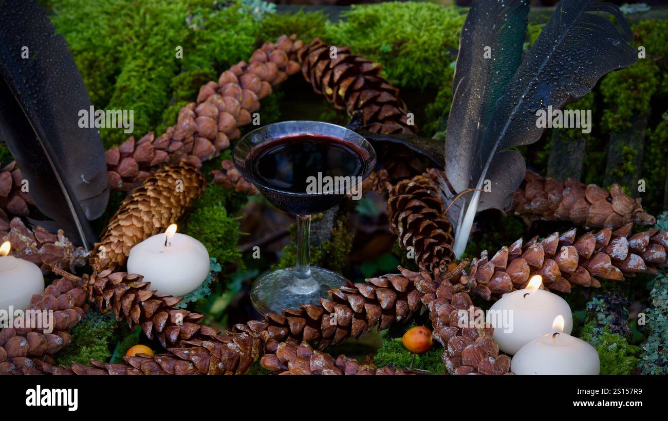 Red wine, rose hips, crow feathers and candles. A magical ceremony ...