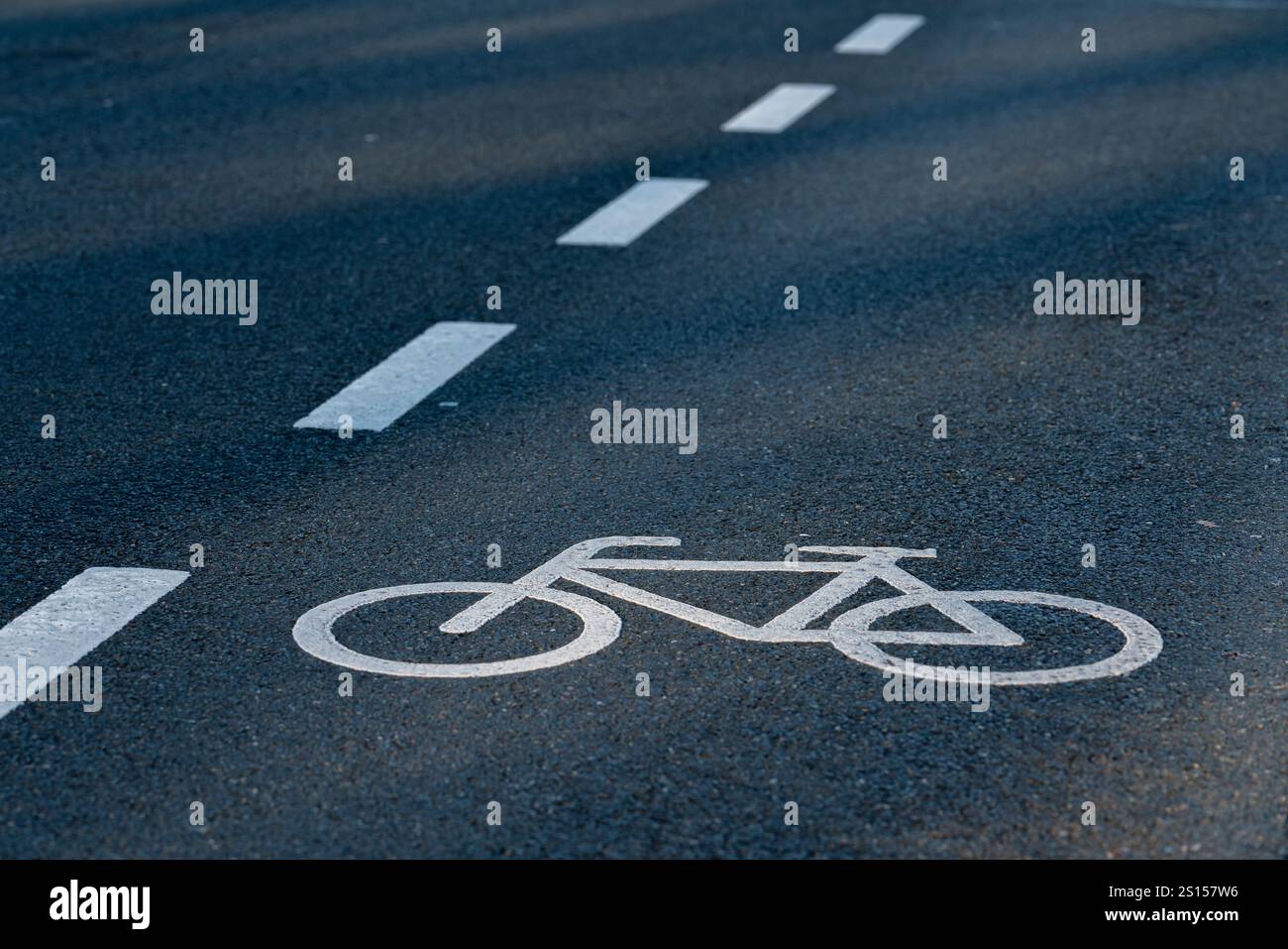 A clear bicycle lane marking is visible on an asphalt road. The white ...