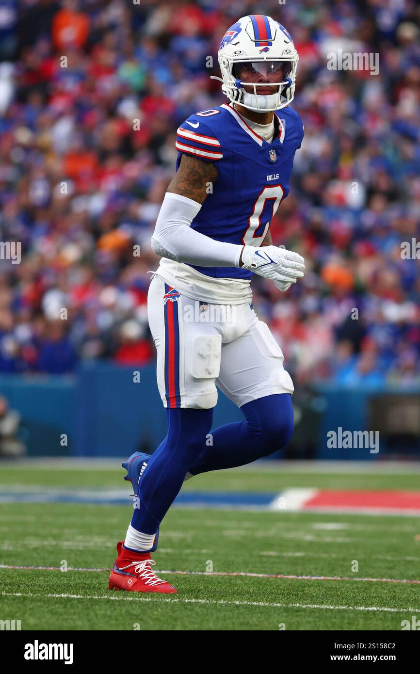 Buffalo Bills wide receiver Keon Coleman (0) runs to the line of ...