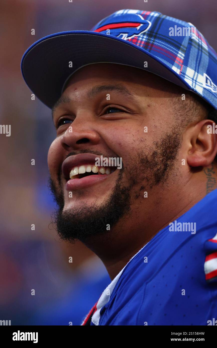 Buffalo Bills offensive tackle Dion Dawkins (73) looks on during the ...