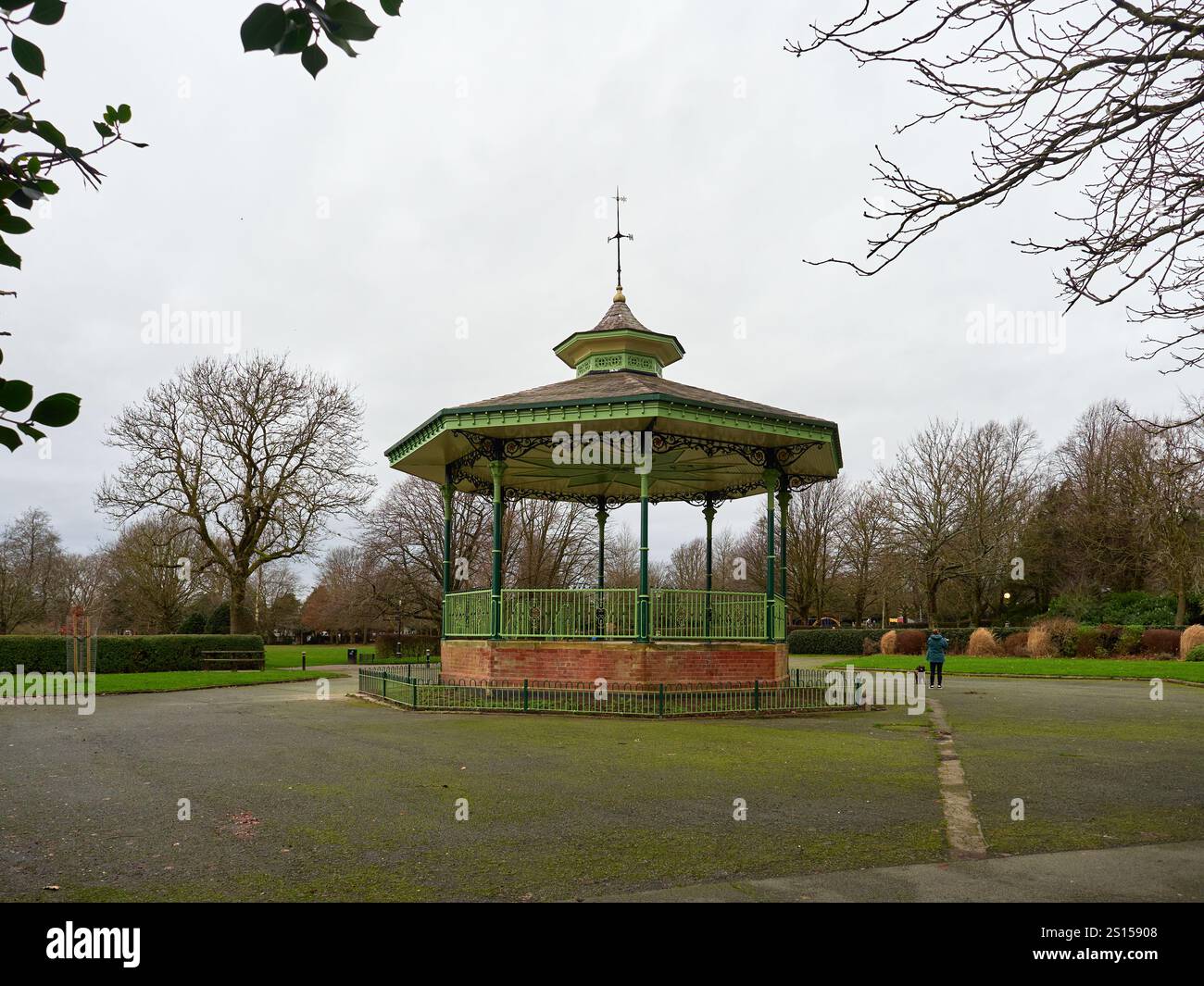 Victoria park Swinton. Victorian-style band stand in a tranquil park ...