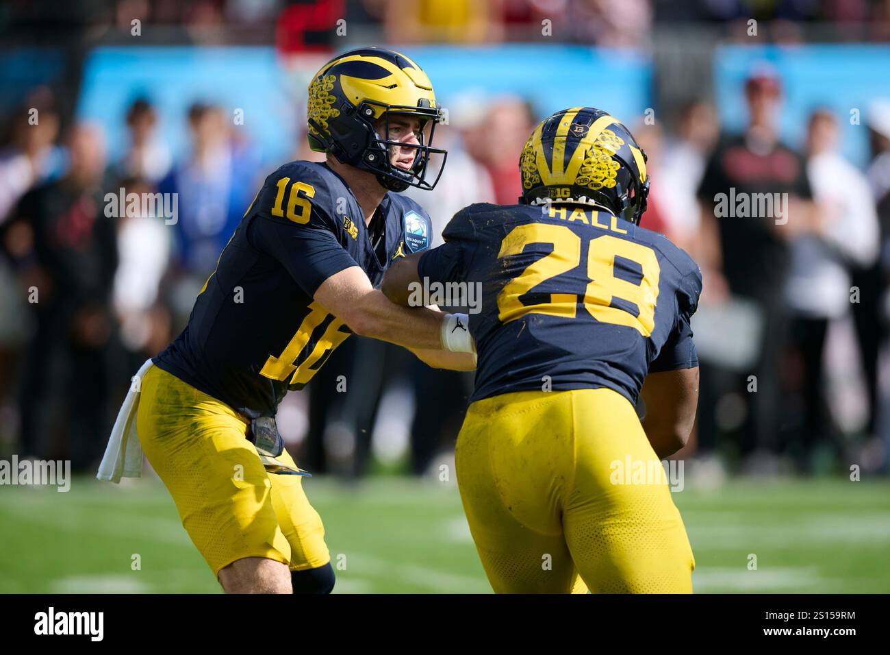 Michigan Wolverines quarterback Davis Warren (16) hands off to running ...