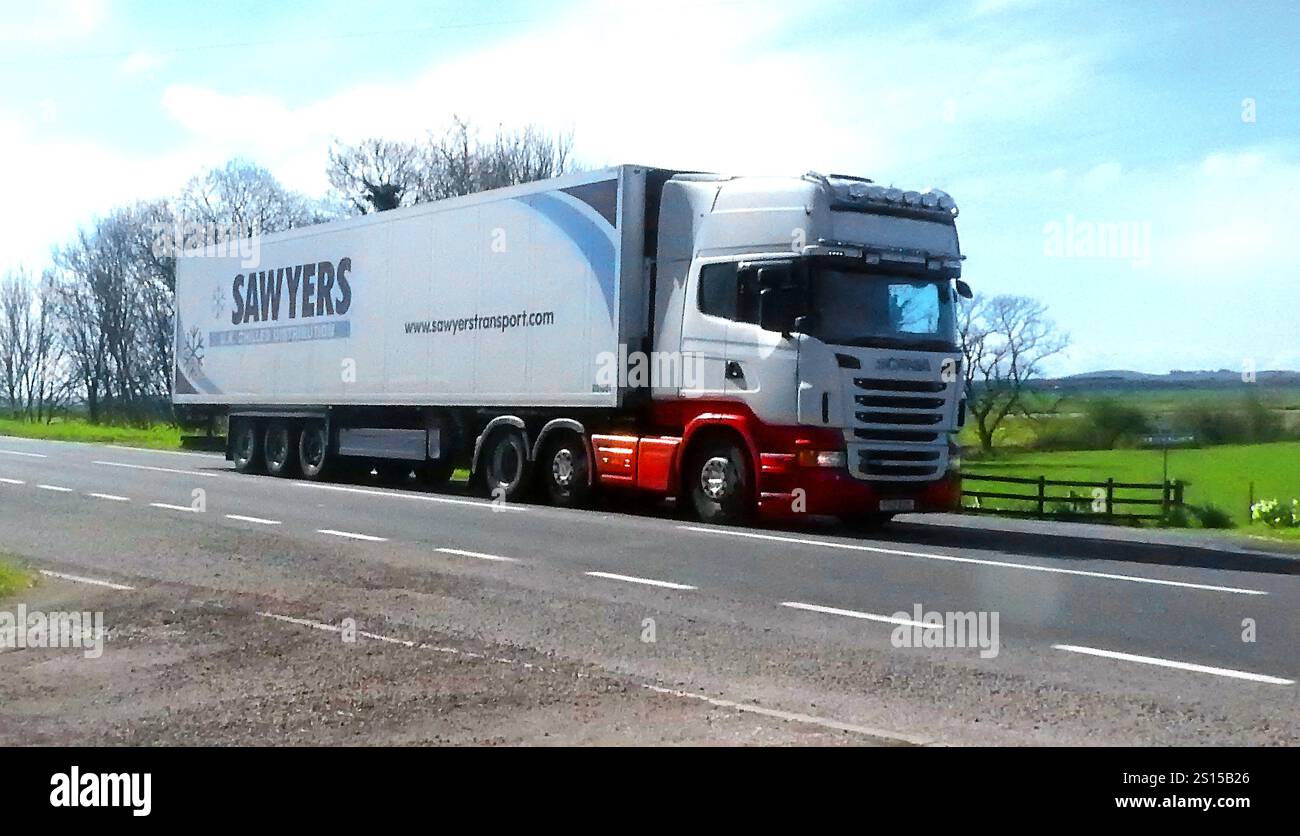 A Scammel truck carrying chilled goods for Sawyers transport on the A75 ...