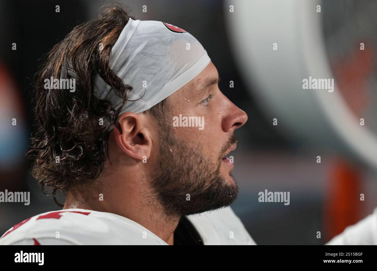 San Francisco 49ers defensive end Nick Bosa (97) watches from the bench ...