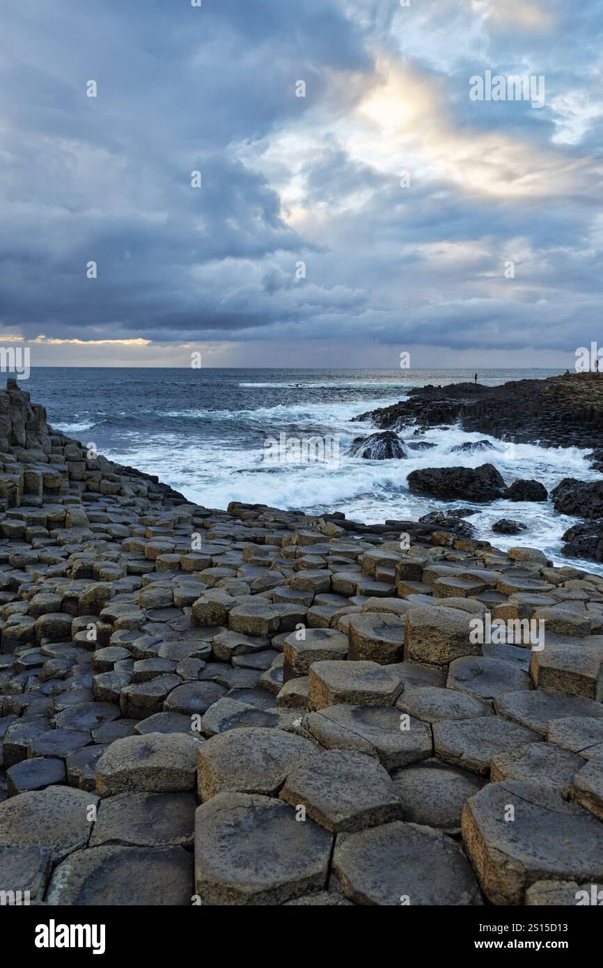 Rocky coast with basalt columns, coastline, dusk by the sea, Giant's ...