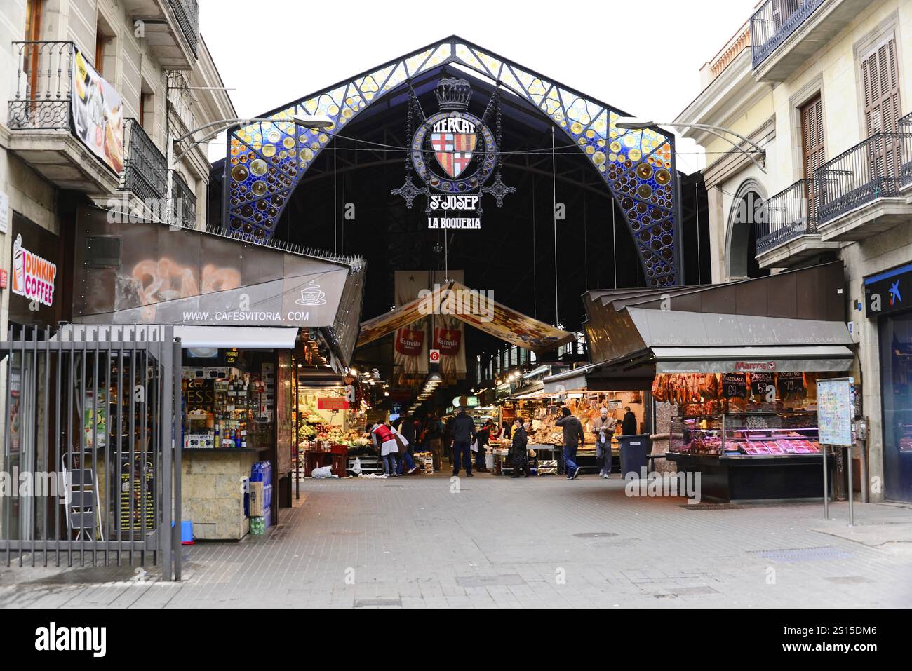 Sign at the entrance of La Boqueria market in Barcelona, Spain, Europe ...