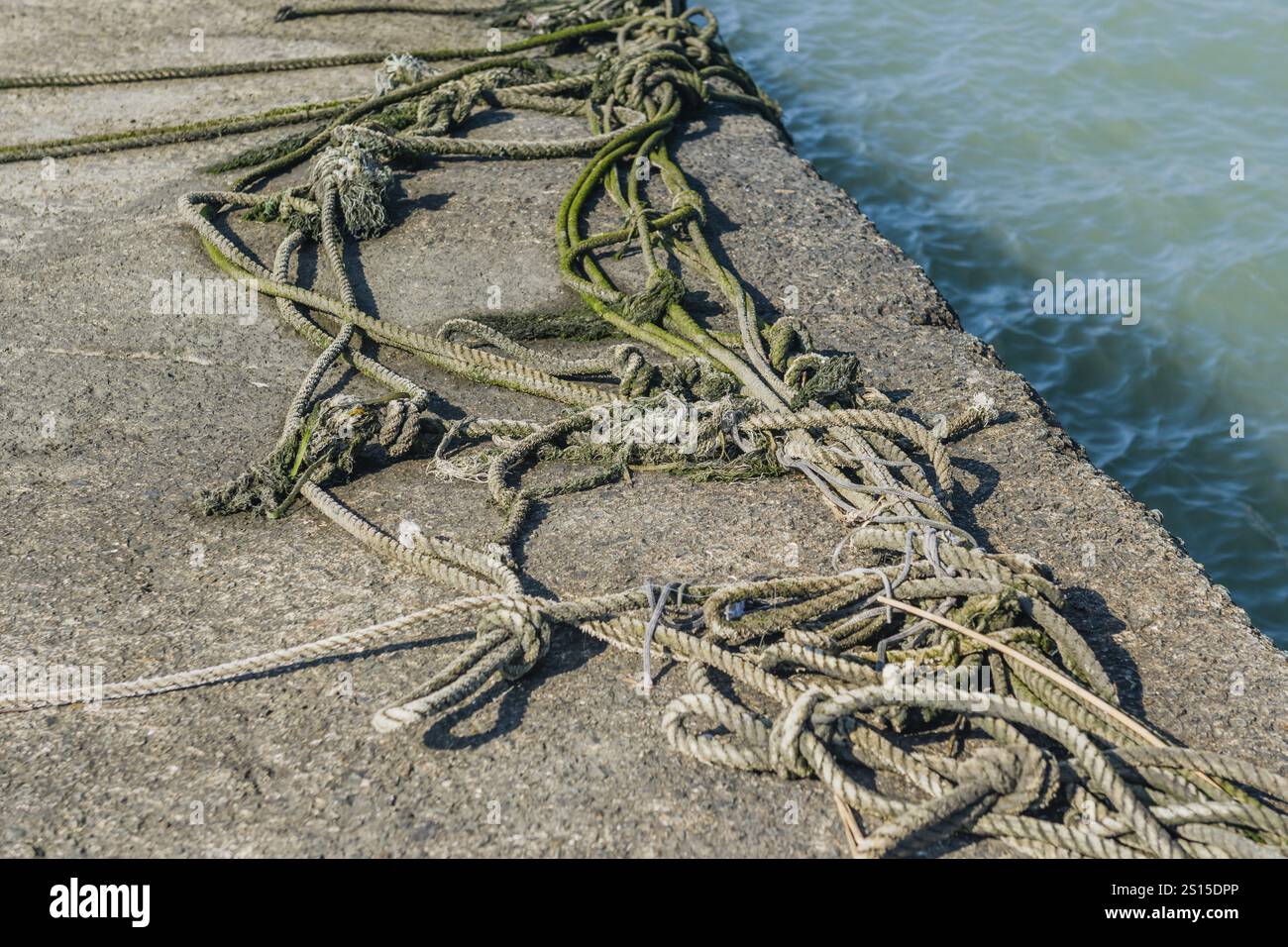 Tangled ropes on a dock by the water, showcasing texture and nautical ...