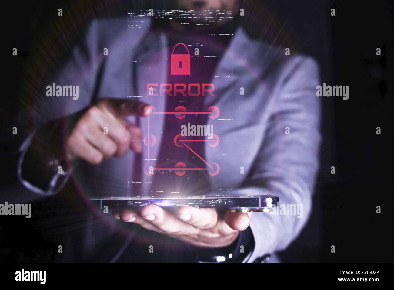 A man interacts with a virtual error message related to security on a ...