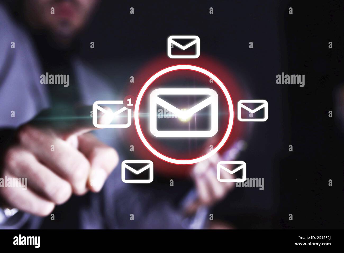 Email notification hologram. Unrecognizable businessman pointing finger ...