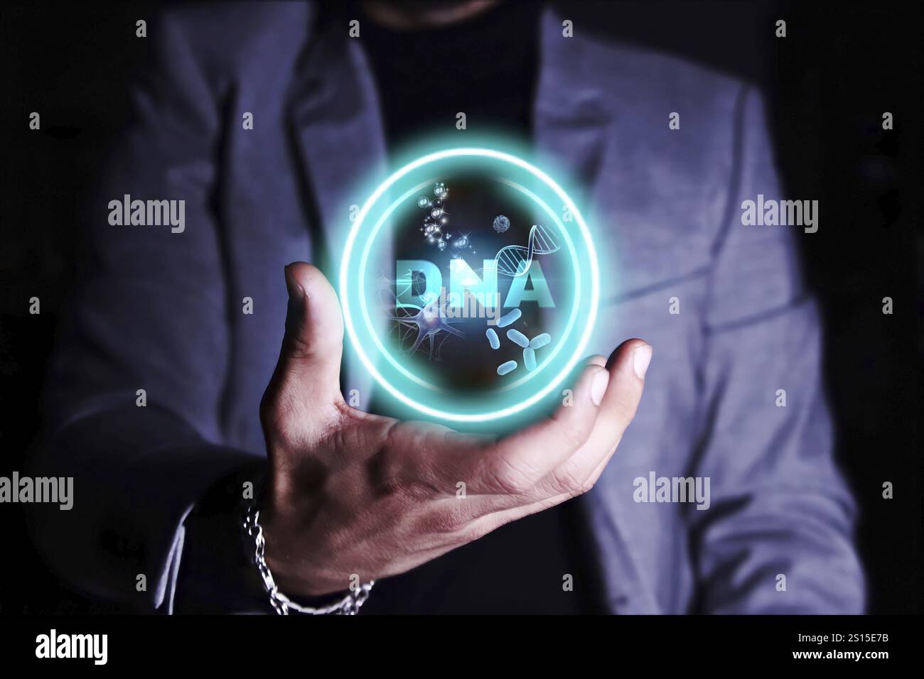 A person holding a holographic display of DNA strands and molecular ...