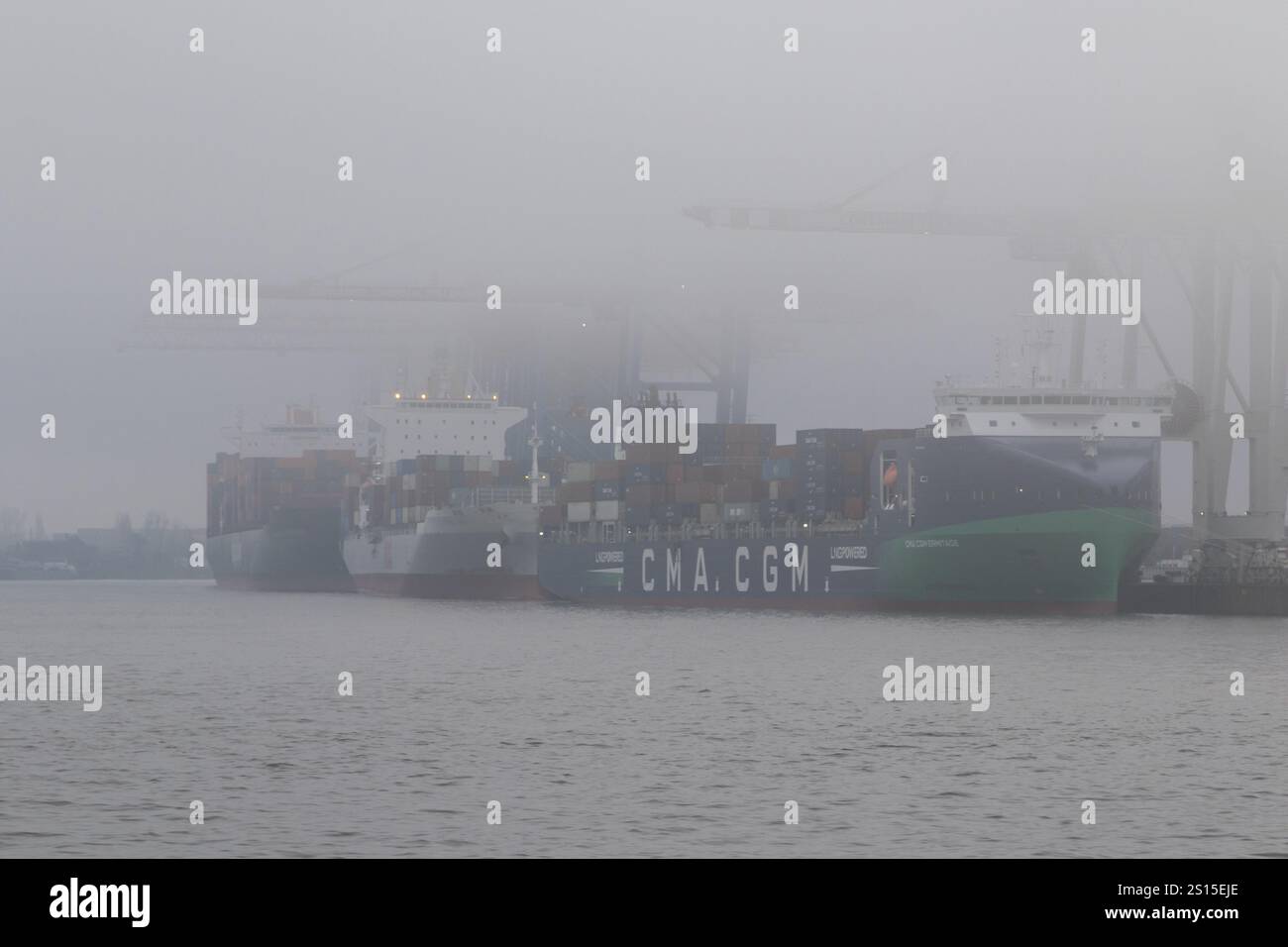 Weather, heavy fog in winter, container ship CMA CGM Ermitage of the ...