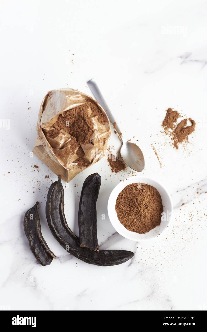 Powder carob beans, bake ingredient for a natural healthy eating Stock ...