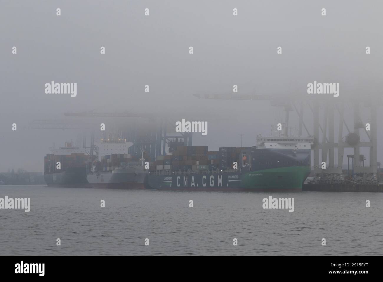 Weather, heavy fog in winter, container ship CMA CGM Ermitage of the ...