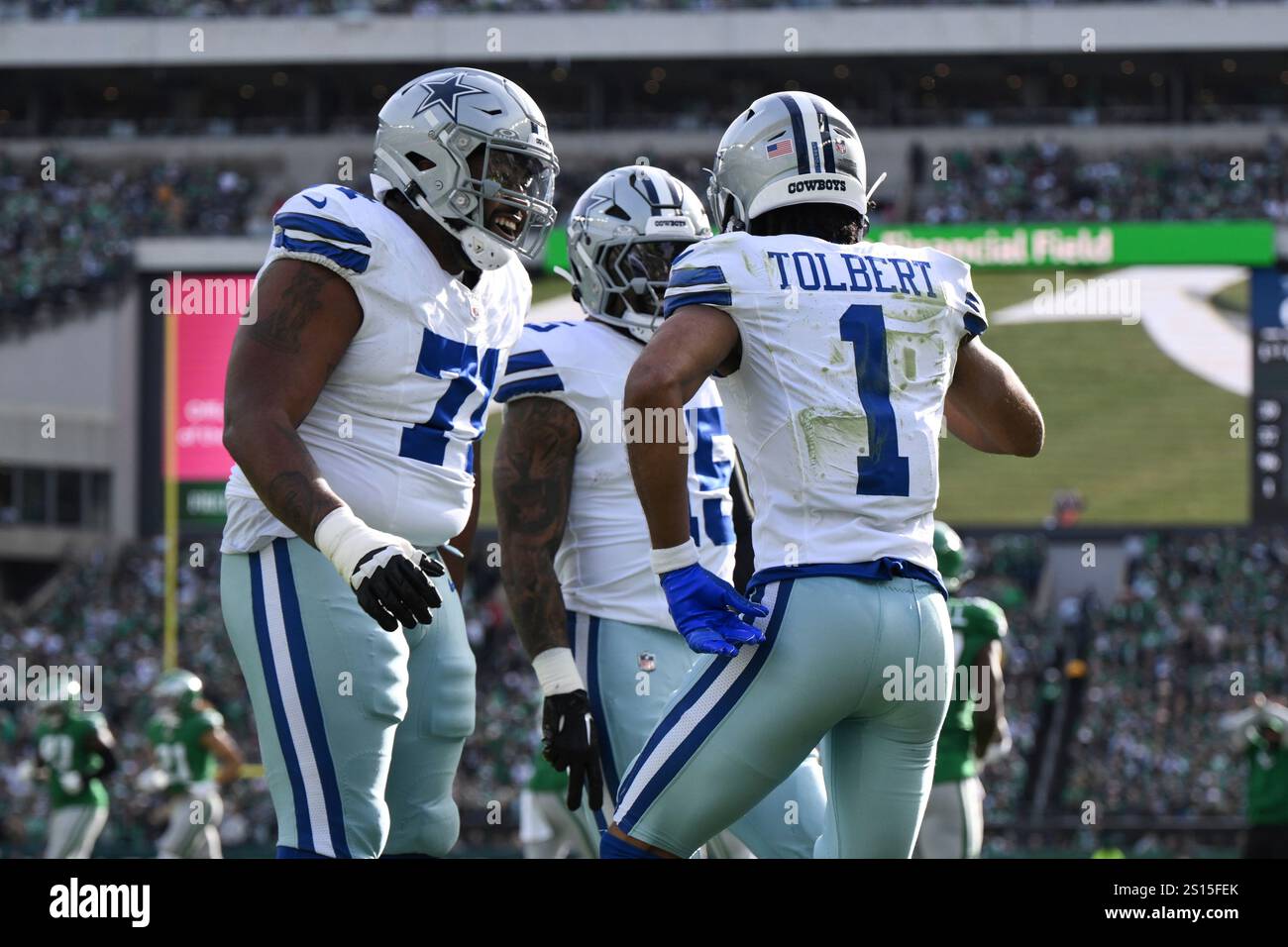 Dallas Cowboys wide receiver Jalen Tolbert (1) celebrates his touchdown ...