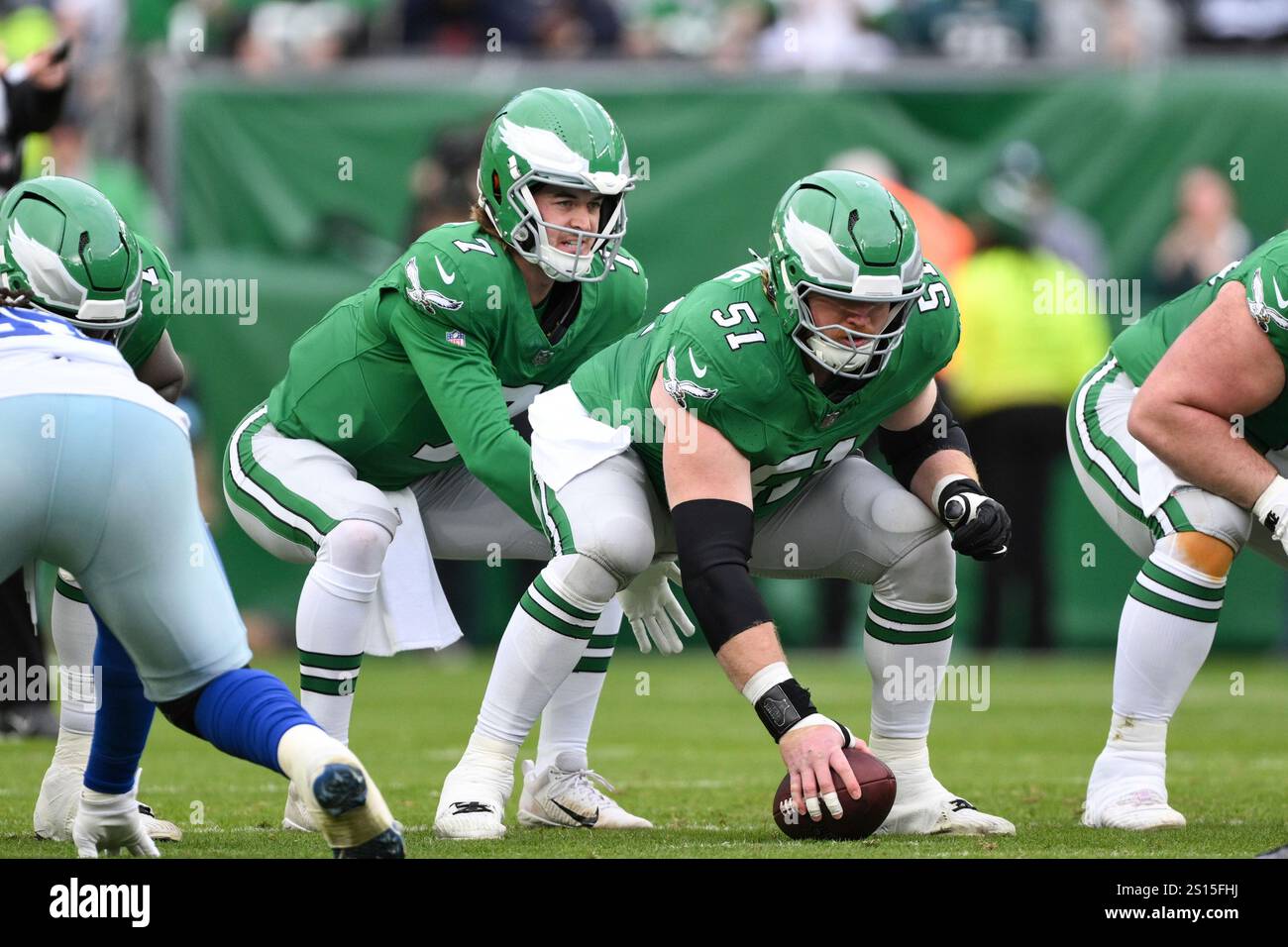 Philadelphia Eagles center Cam Jurgens (51) sets to hike the ball to ...