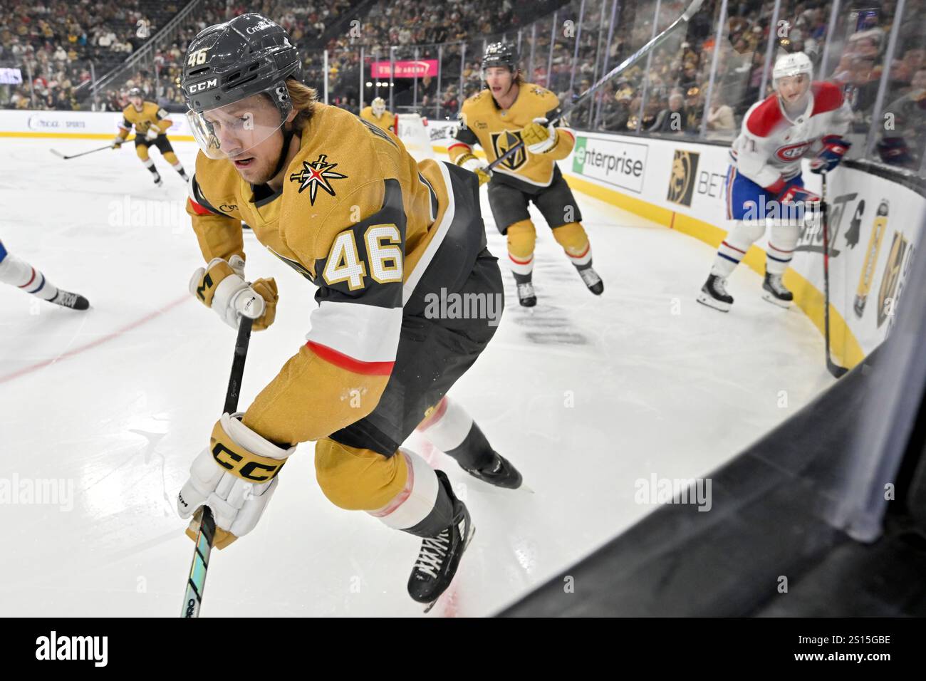 Vegas Golden Knights right wing Jonas Rondbjerg (46) handles the puck ...