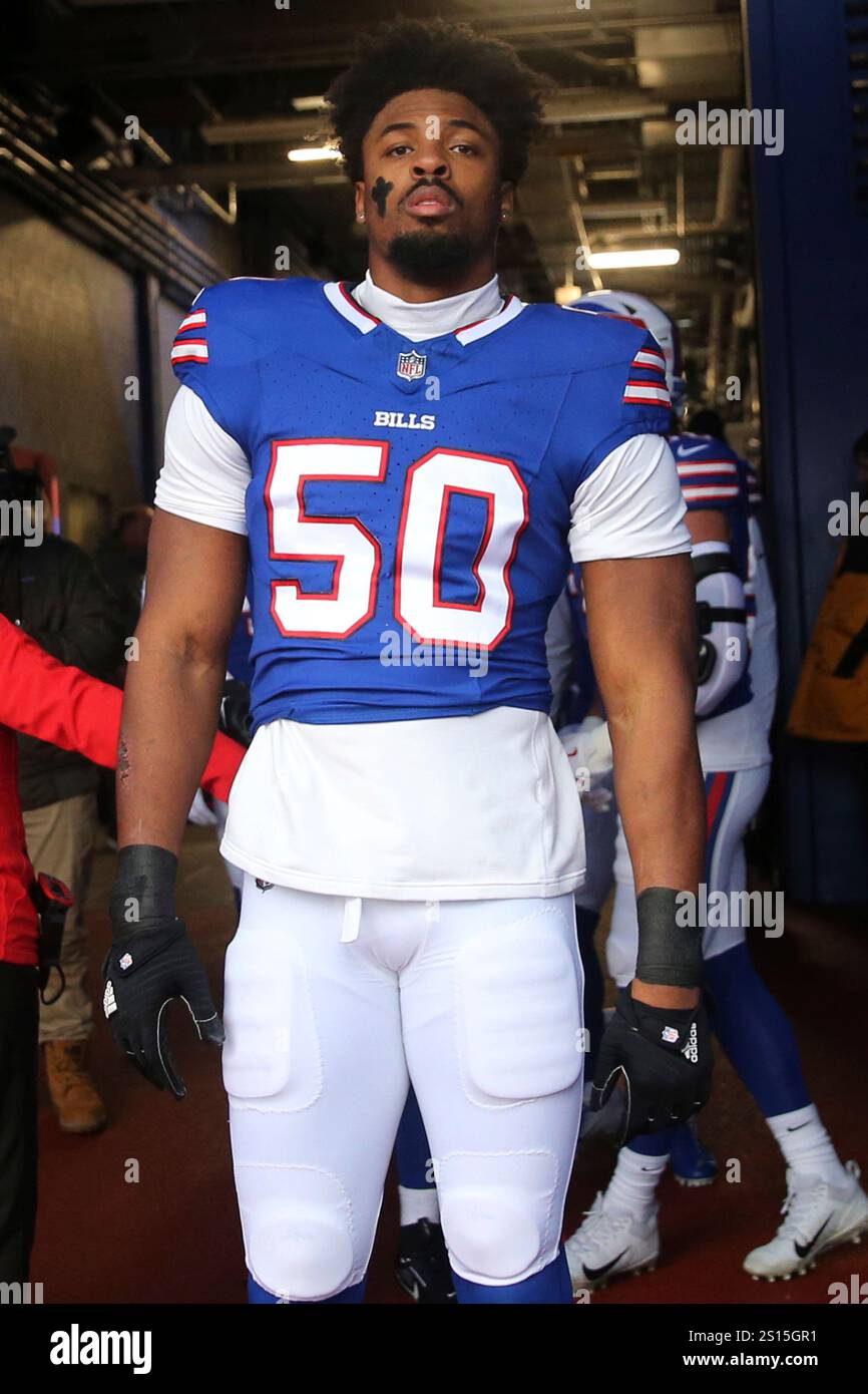 Buffalo Bills defensive end Greg Rousseau (50) walks out of the tunnel ...