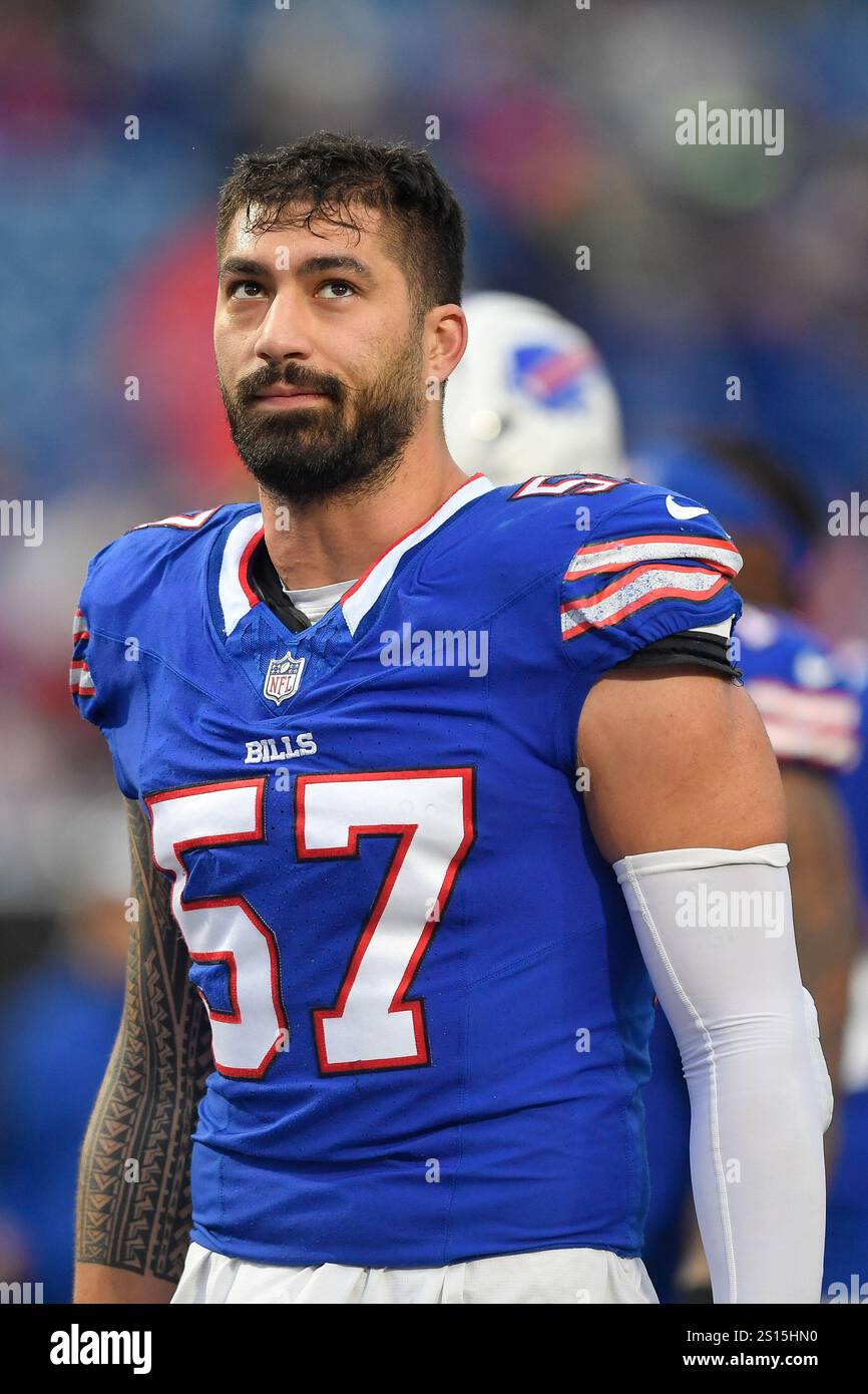 Buffalo Bills defensive end A.J. Epenesa (57) warms up before an NFL ...