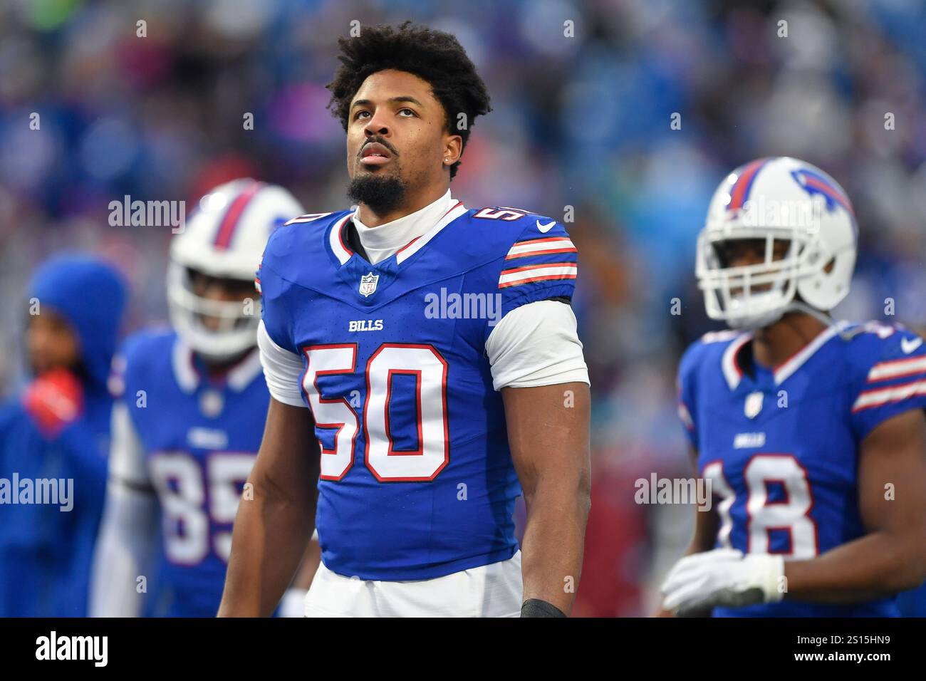 Buffalo Bills defensive end Greg Rousseau (50) warms up before an NFL ...