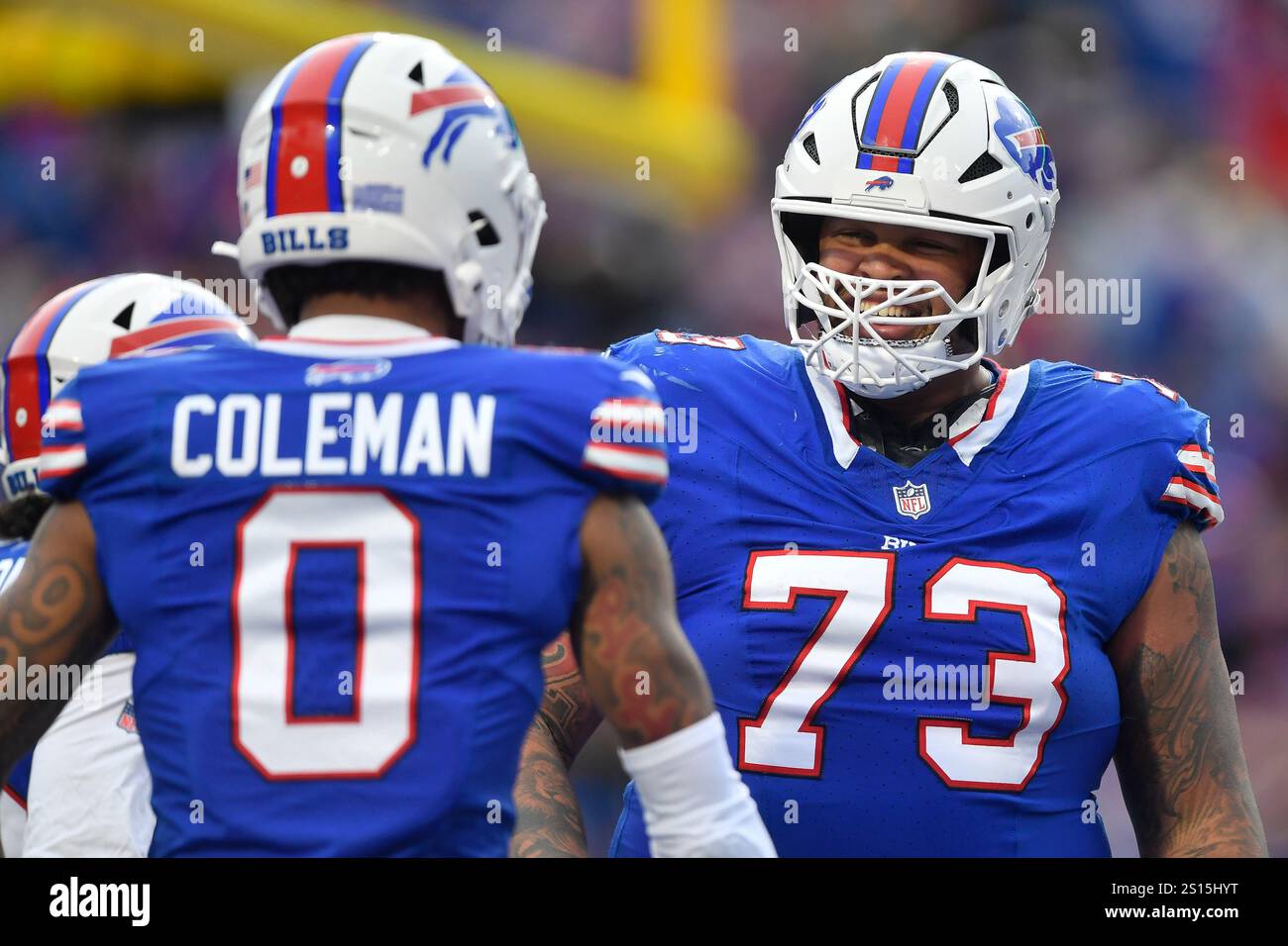 Buffalo Bills wide receiver Keon Coleman (0) celebrates with tackle ...