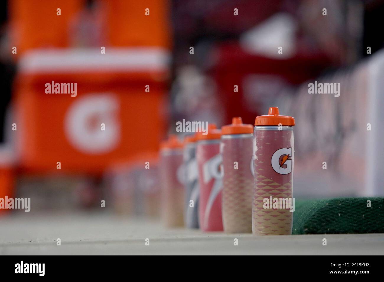 Gatorade bottles sit on the sideline during an NFL football game ...