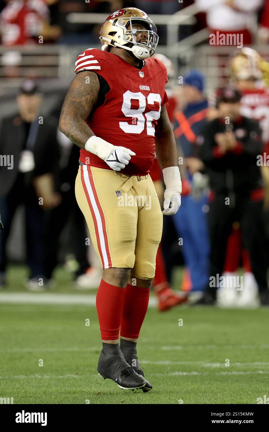 San Francisco 49ers defensive tackle Jordan Elliott (92) reacts after a ...
