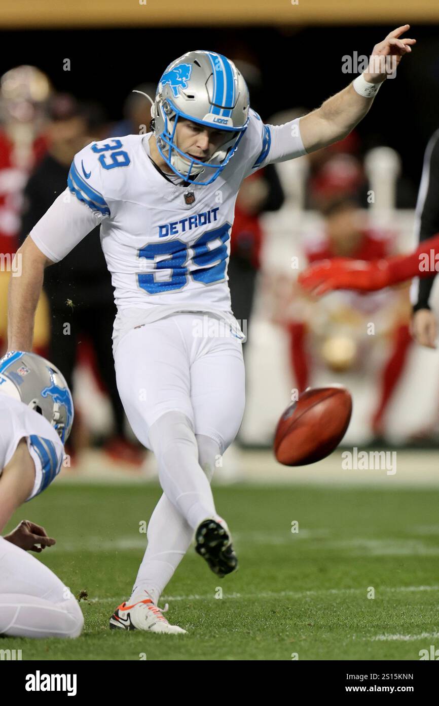 Detroit Lions place kicker Jake Bates (39) kicks during an NFL football ...