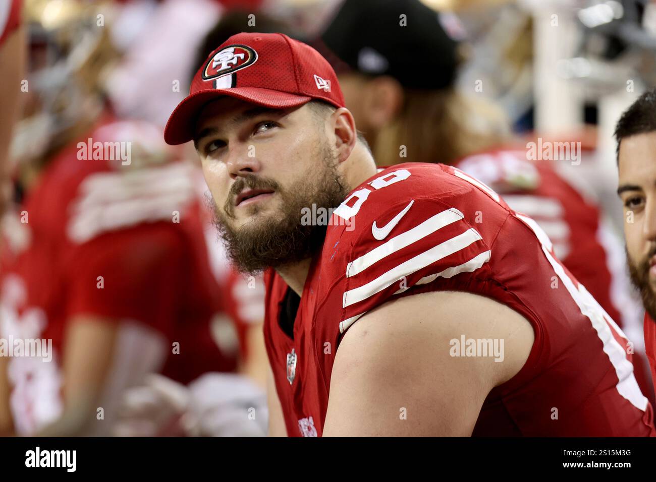 San Francisco 49ers offensive tackle Colton McKivitz (68) sits on the ...