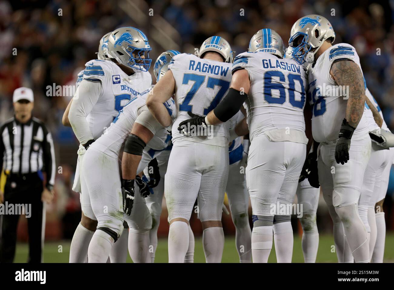 The Detroit Lions huddle in the fourth quarter during an NFL football ...