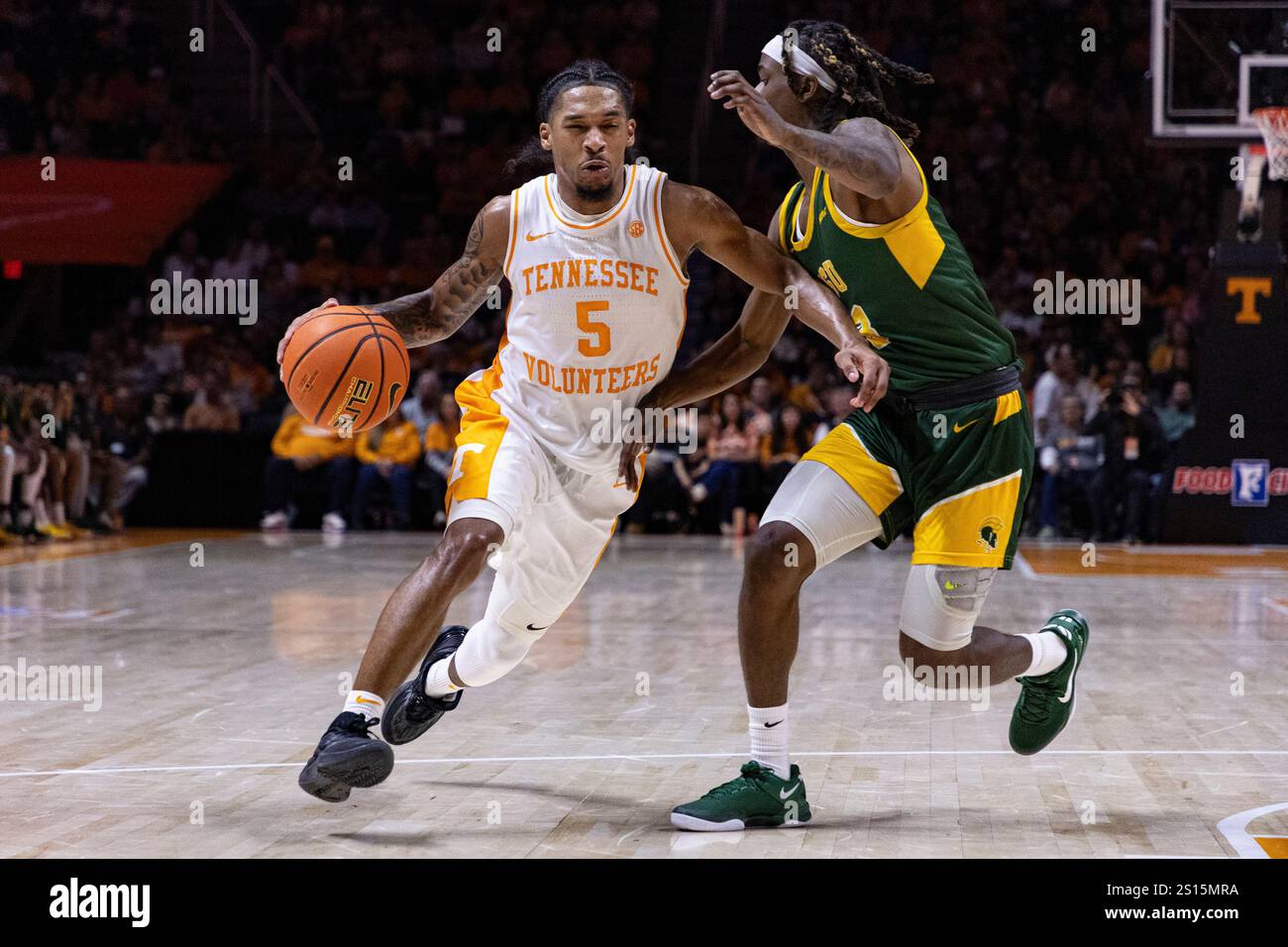 Tennessee guard Zakai Zeigler (5) drives against Norfolk State guard ...