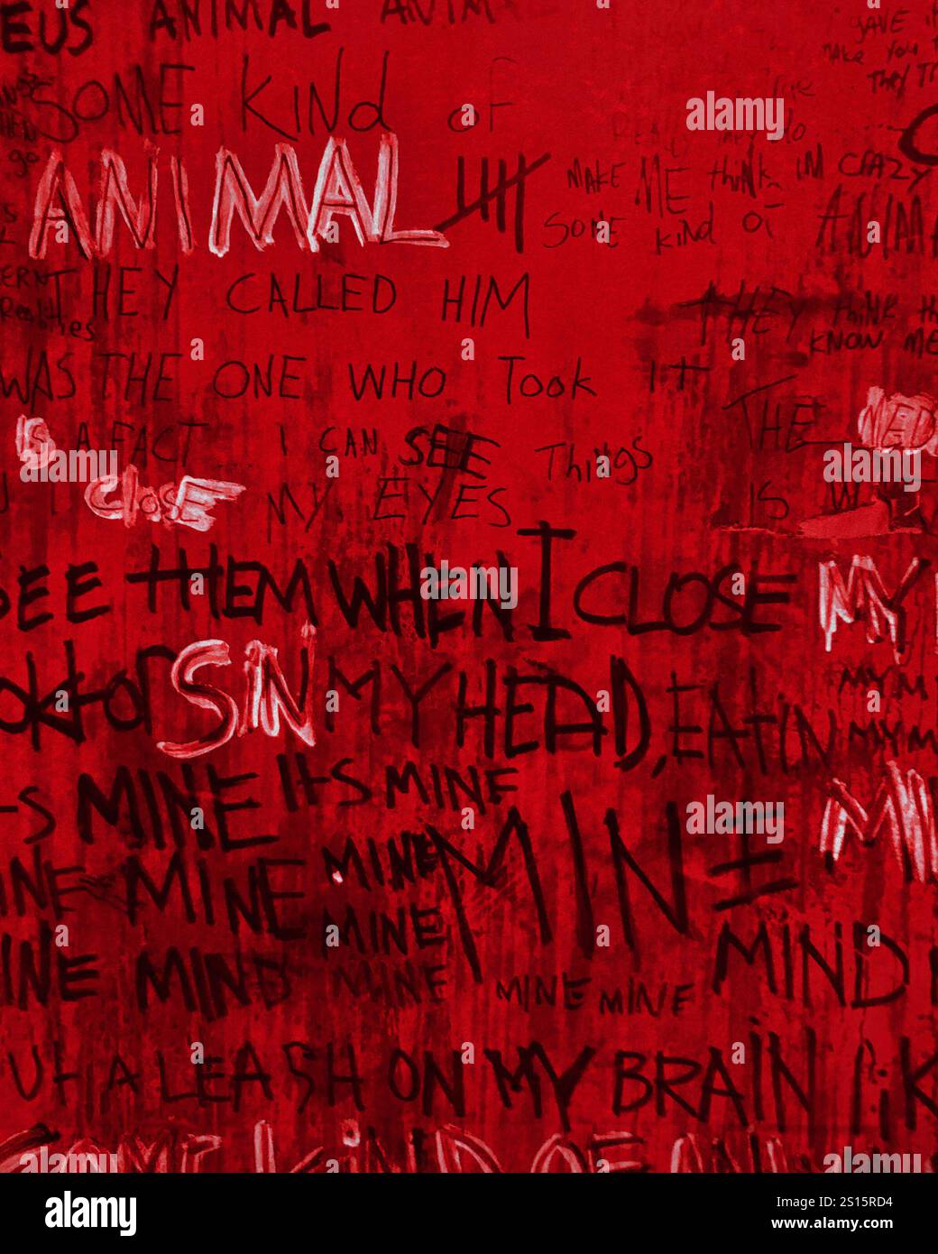 A red wall with handwriting words written that look evil and insane for ...