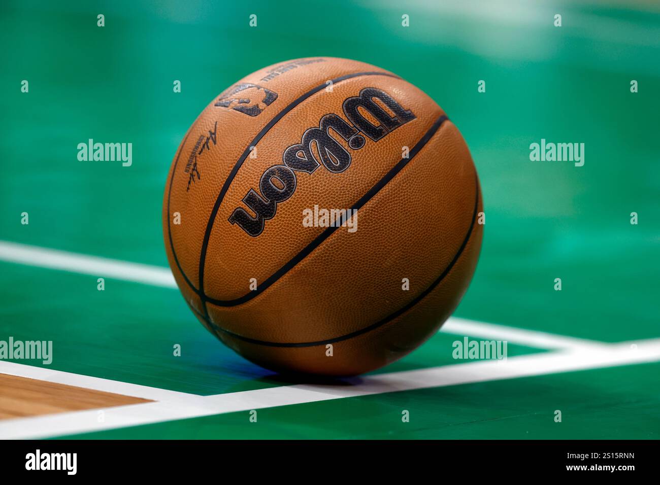 A Wilson basketball on the court during the second half of an NBA ...
