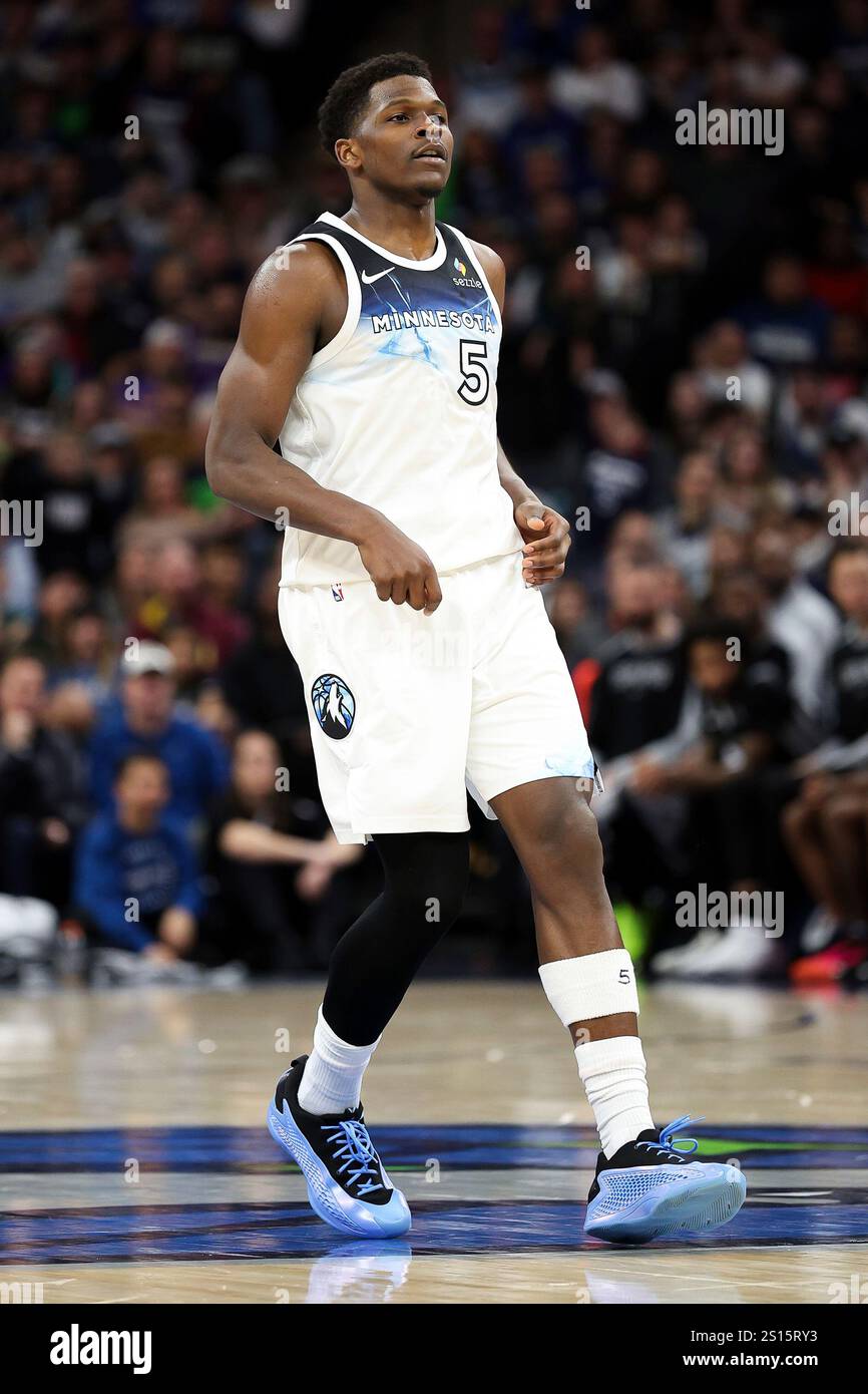 Minnesota Timberwolves guard Anthony Edwards (5) looks on during the ...