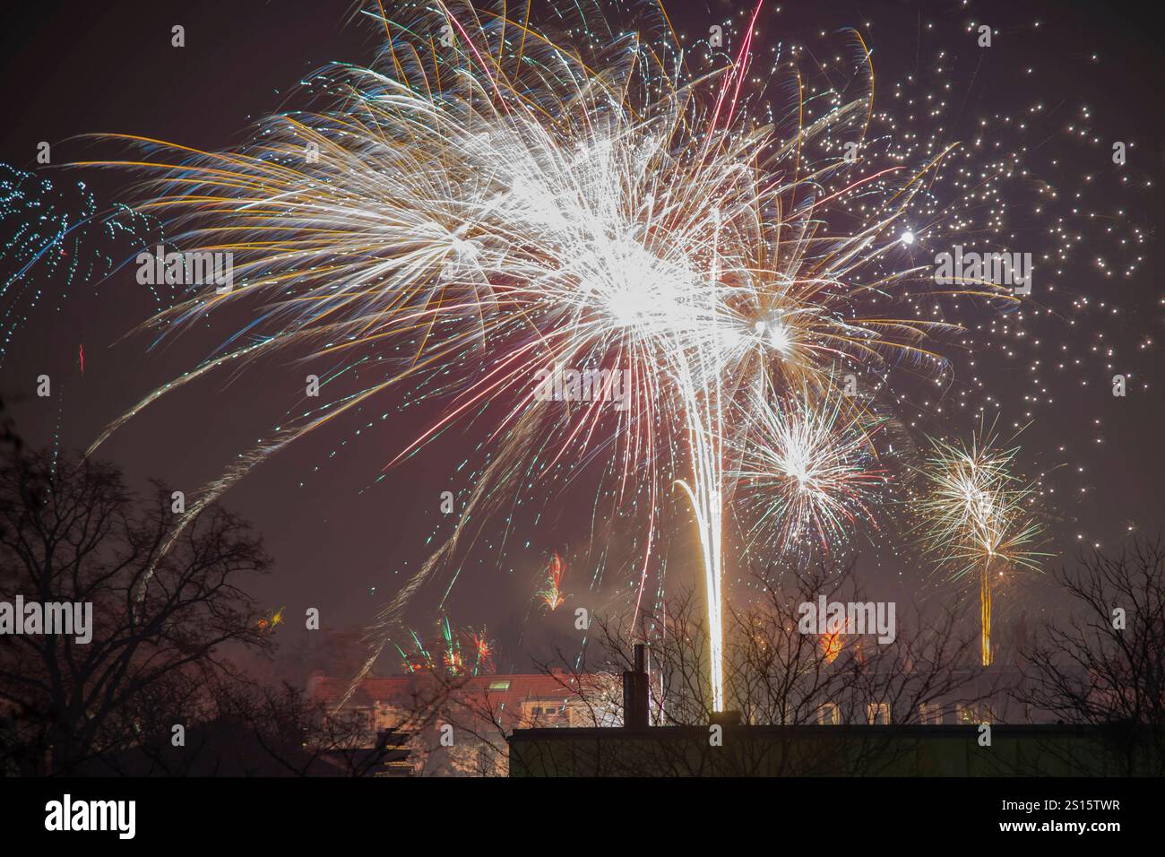 Silvester Menschen begrüßen am 1. Januar 2025 mit Feuerwerk in Berlin ...