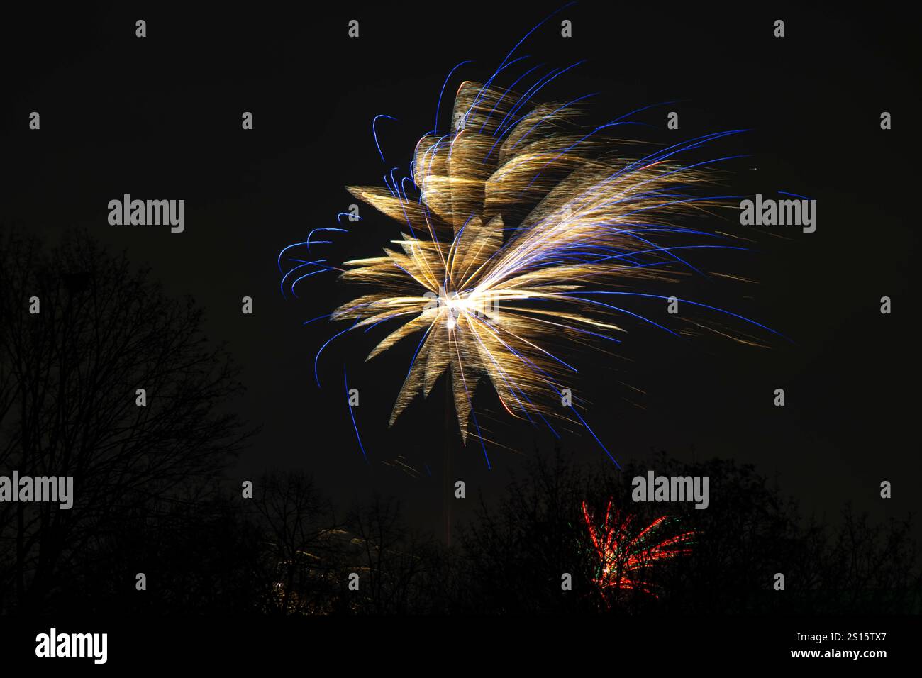 Silvester Menschen begrüßen am 1. Januar 2025 mit Feuerwerk in Berlin ...