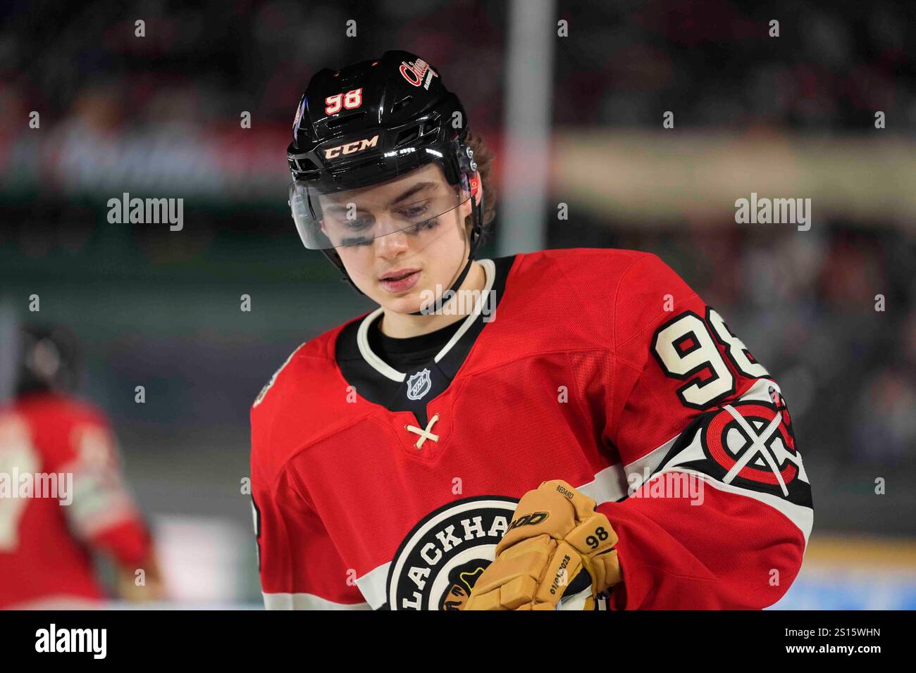 Chicago Blackhawks center Connor Bedard reacts as the St. Louis Blues ...