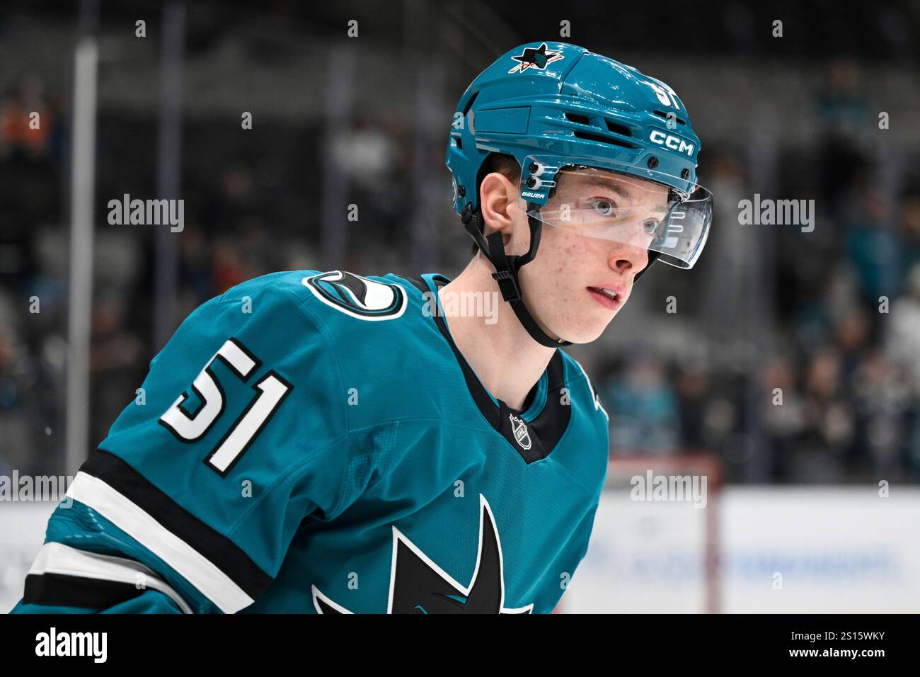 San Jose Sharks right wing Collin Graf (51) skates during warm ups ...