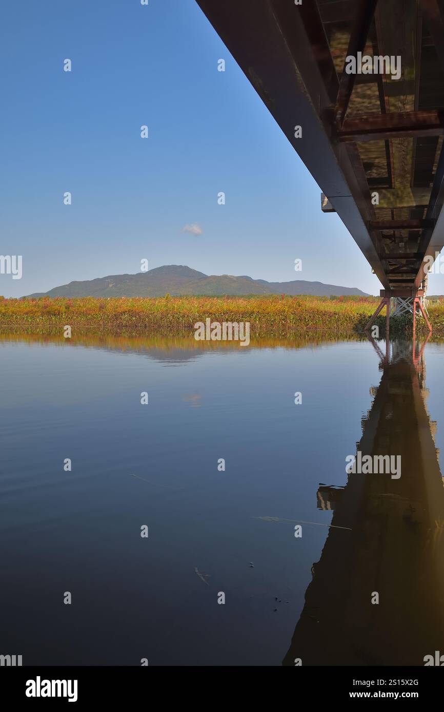 Magog Cherry river with Orford mount in the background. Pedestrian ...