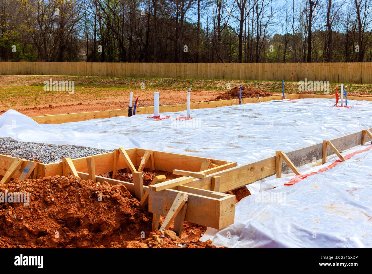 Construction new residential foundation with protective plastic ...