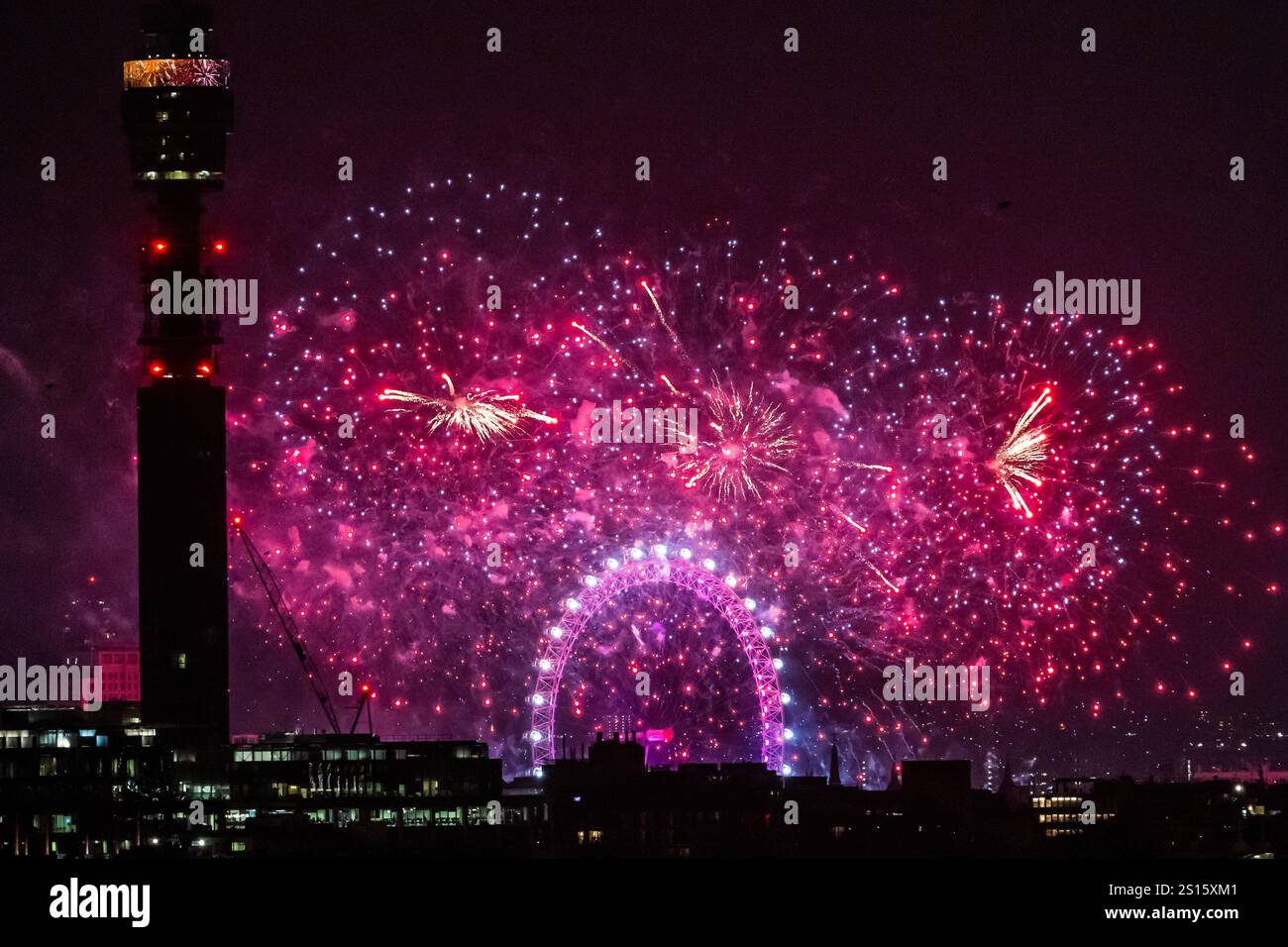 London, UK. 1 Jan 2025. London's New Year's fireworks, as seen from ...
