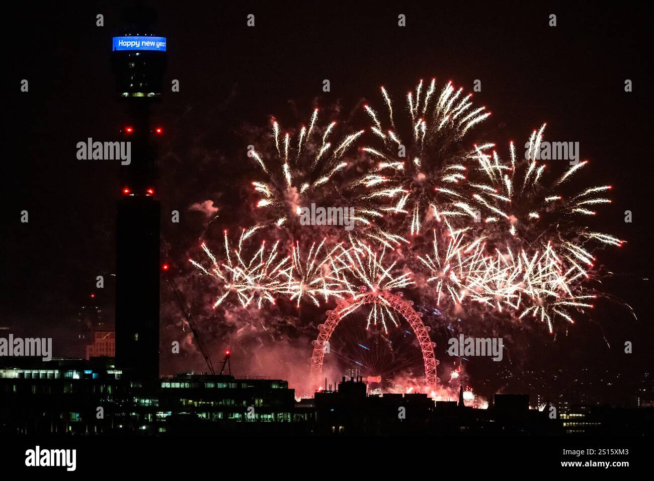London, UK. 1st Jan, 2025. London's New Year's fireworks, as seen from ...