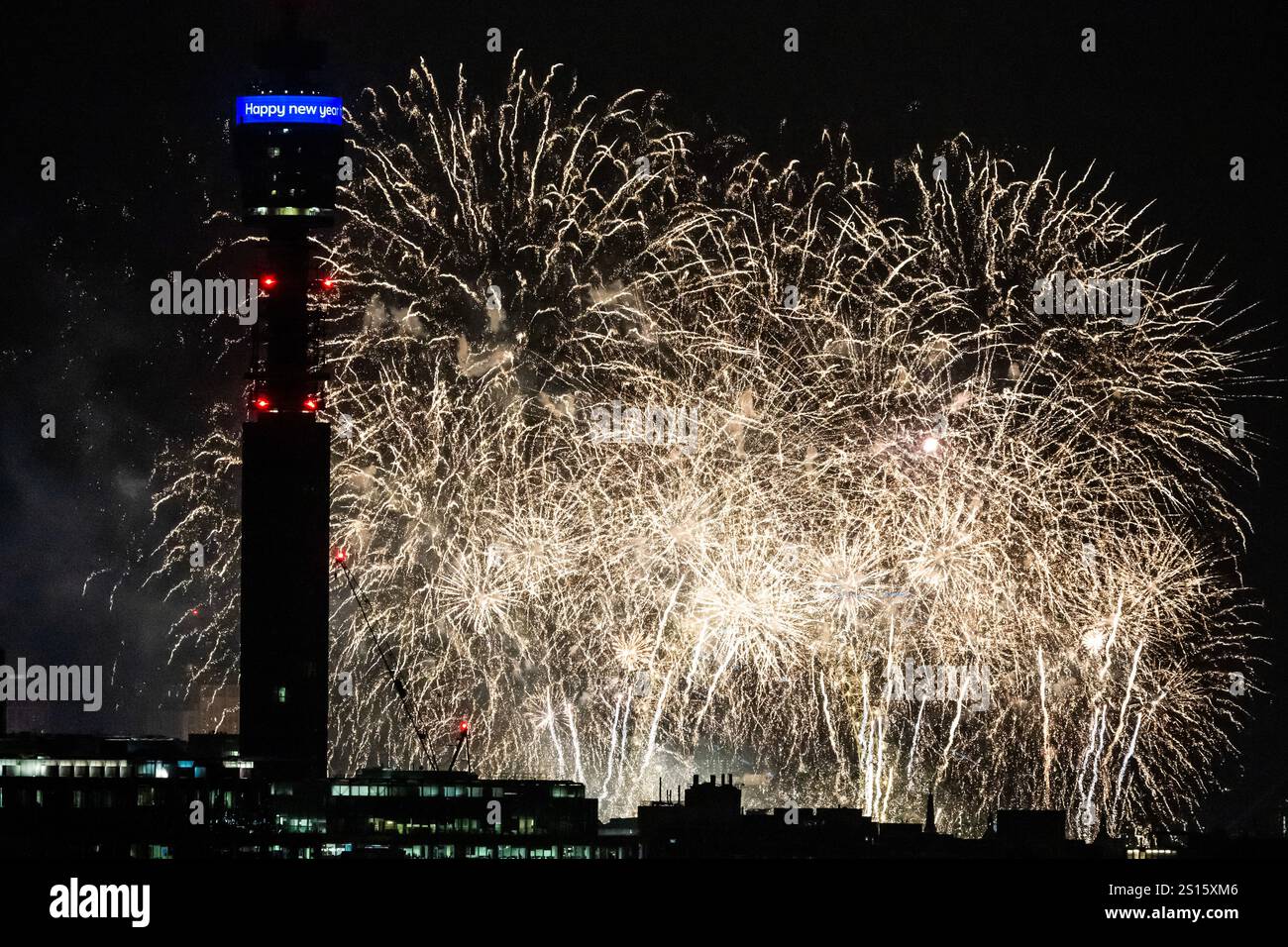 London, UK. 1st Jan, 2025. London's New Year's fireworks, as seen from ...
