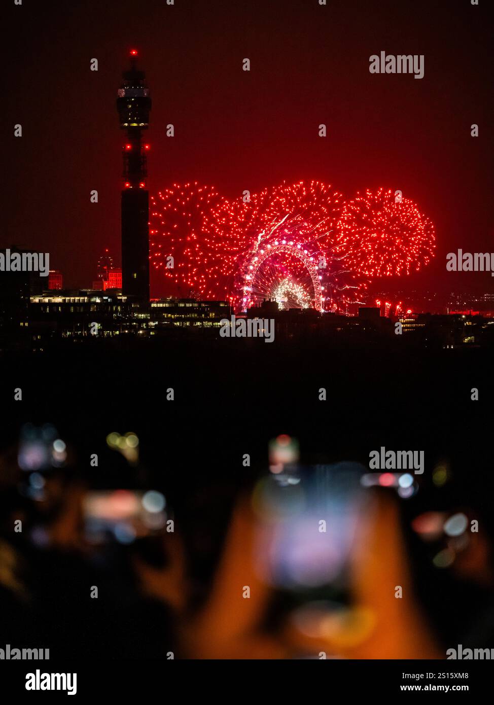 London, UK. 1st Jan, 2025. London's New Year's fireworks, as seen from ...