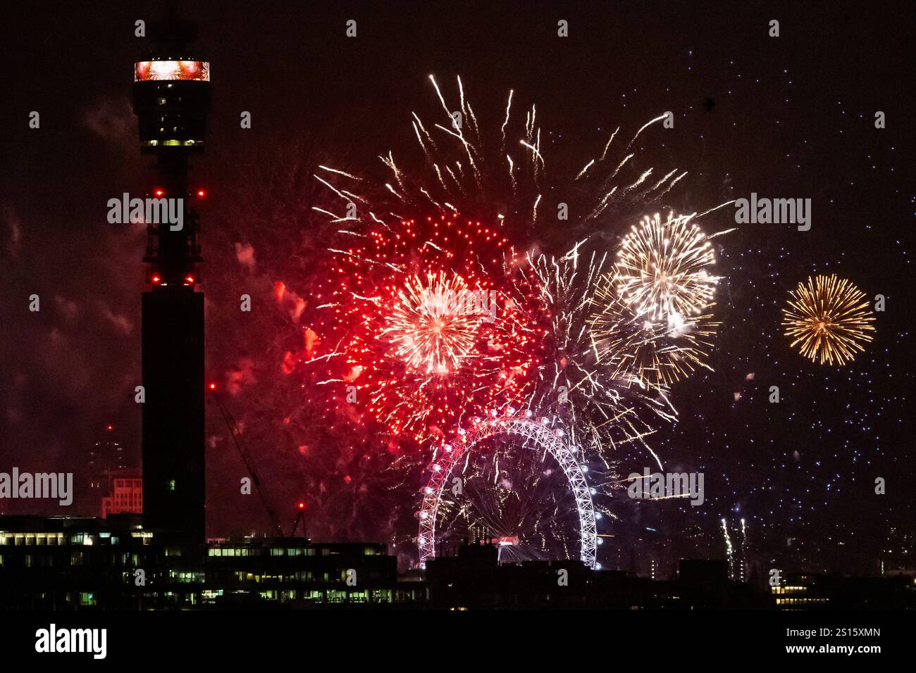 London, UK. 1st Jan, 2025. London's New Year's fireworks, as seen from ...