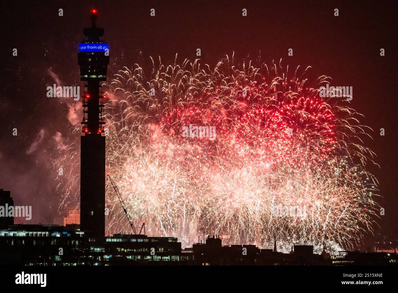 London, UK. 1st Jan, 2025. London's New Year's fireworks, as seen from ...