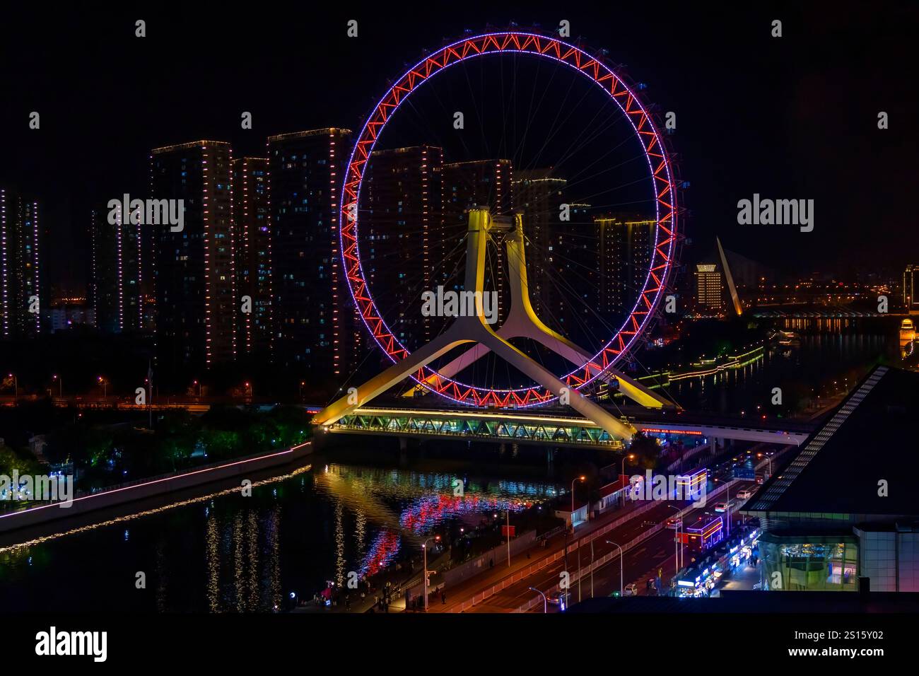 Colorful Large Ferris Wheel Over Yongle Bridge Hai River Water ...